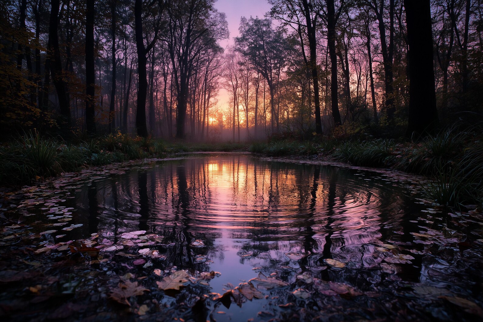 Forest Pond at Sunset 8K Digital Wall Art – Dreamy Autumn Reflections ...