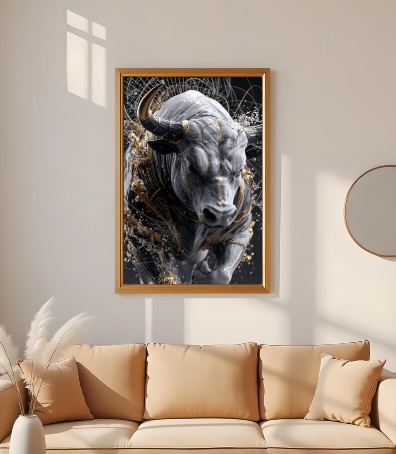 Taurus Zodiac Print – 8K Charging Marble Bull With Gold Details ...