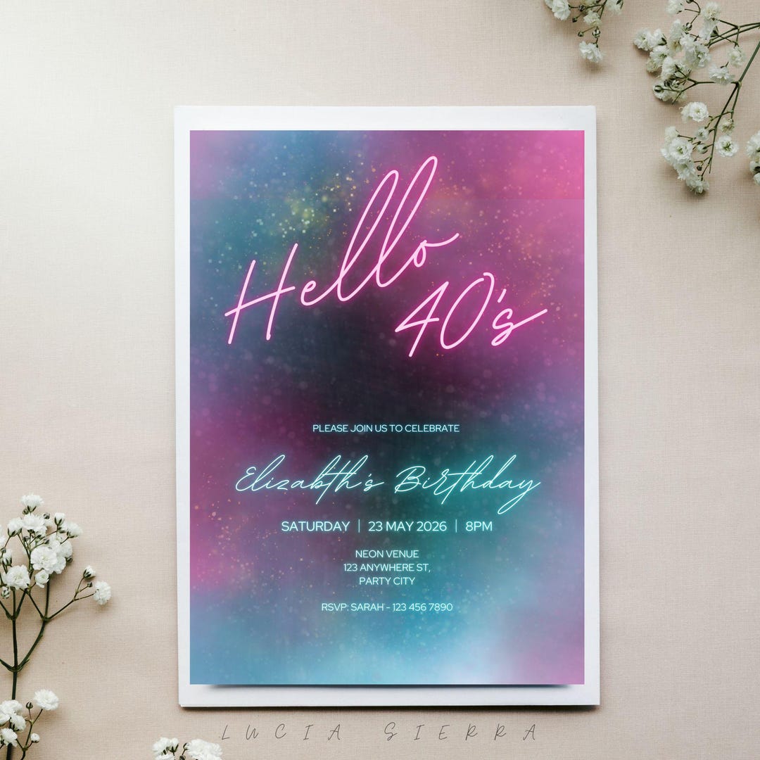 Neon 40th Birthday Invitation Template: Digital Download - Etsy