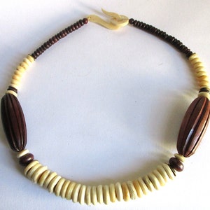 Carved Inlaid Bead Necklace - Sculptural Wood & Bone Necklace - Vintage ...