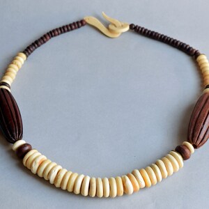 Carved Inlaid Bead Necklace - Sculptural Wood & Bone Necklace - Vintage ...