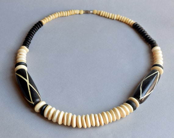 Artisan Inlaid Bead Necklace - Sculptural Wood Bone N… - Gem