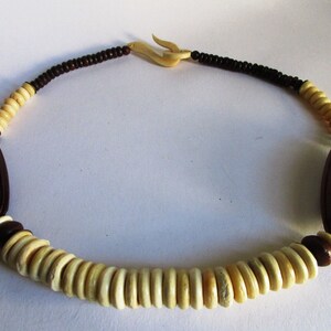 Carved Inlaid Bead Necklace - Sculptural Wood & Bone Necklace - Vintage ...