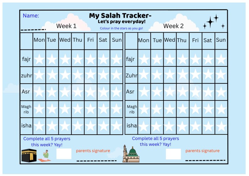 Printable Salah Tracker – Kids' Daily Prayer Checklist (PDF) - Etsy
