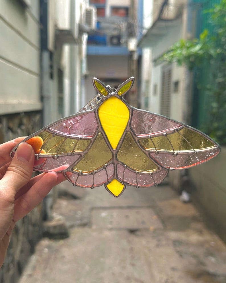 Rosy Maple Moth Stained Glass, Rosy Maple Moth Suncatcher, Moth Stained ...