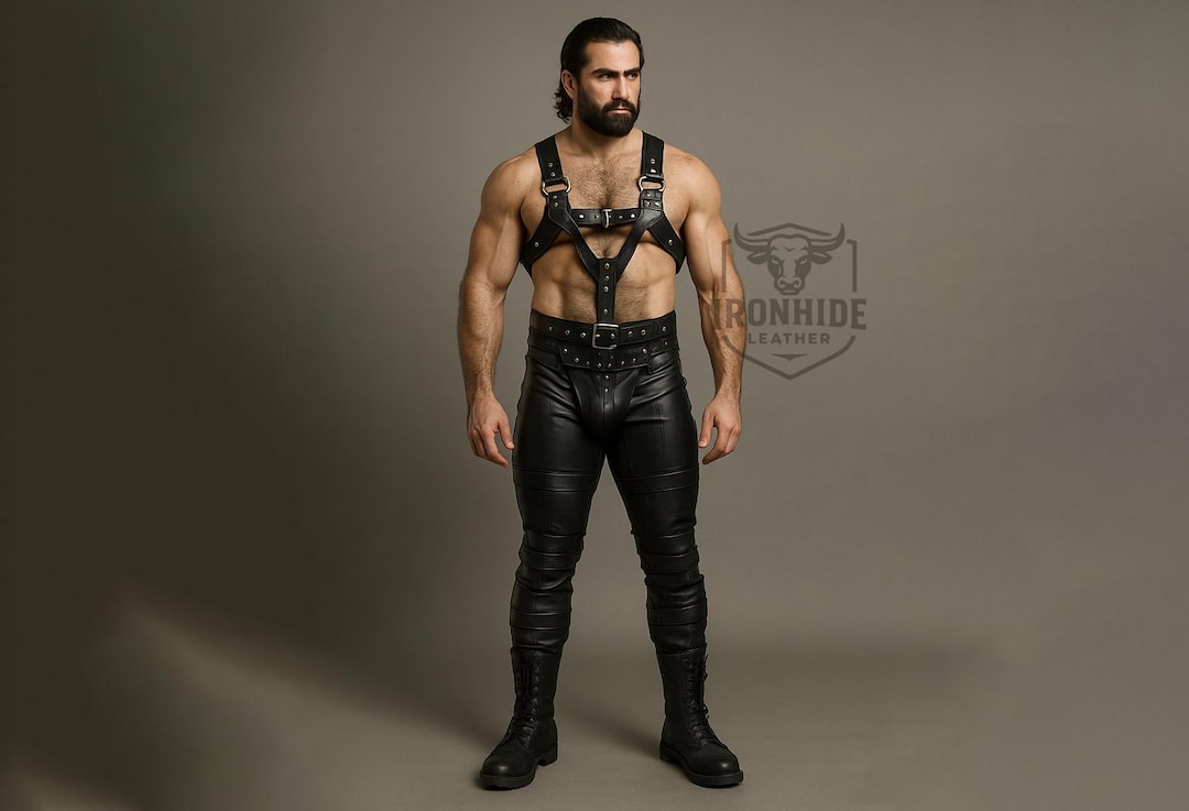 Custom Black Leather Harness Vest & Fitted Pants Set | Handmade ...
