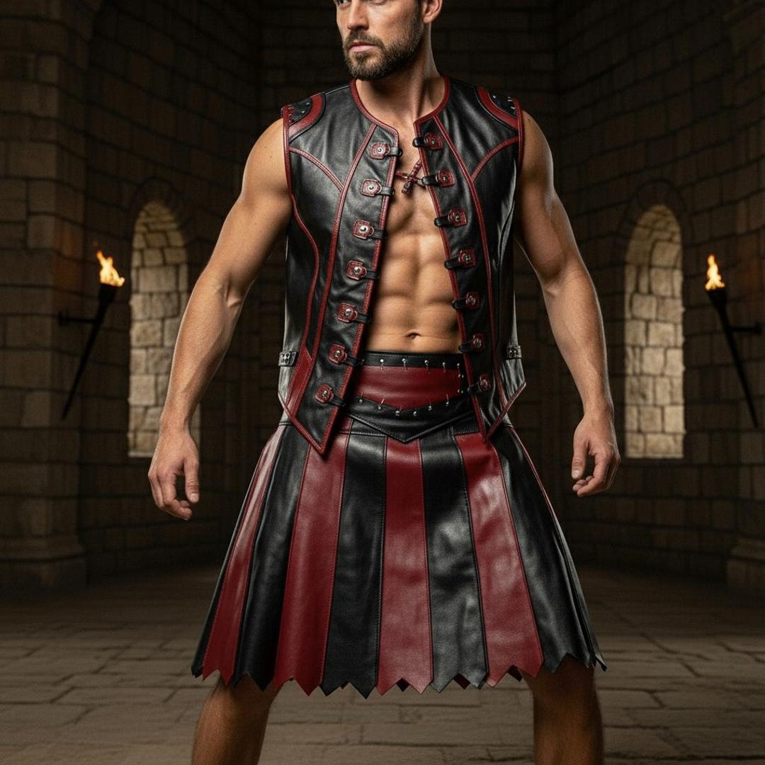 Medieval Leather Gladiator Costume, Handmade Genuine Black & Red Kilt ...