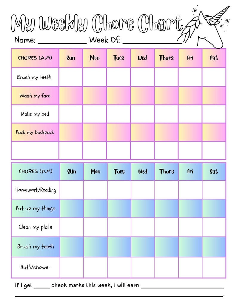 Printable Unicorn Chore Chart for Girls – 2-page Reward & Goal Tracker ...