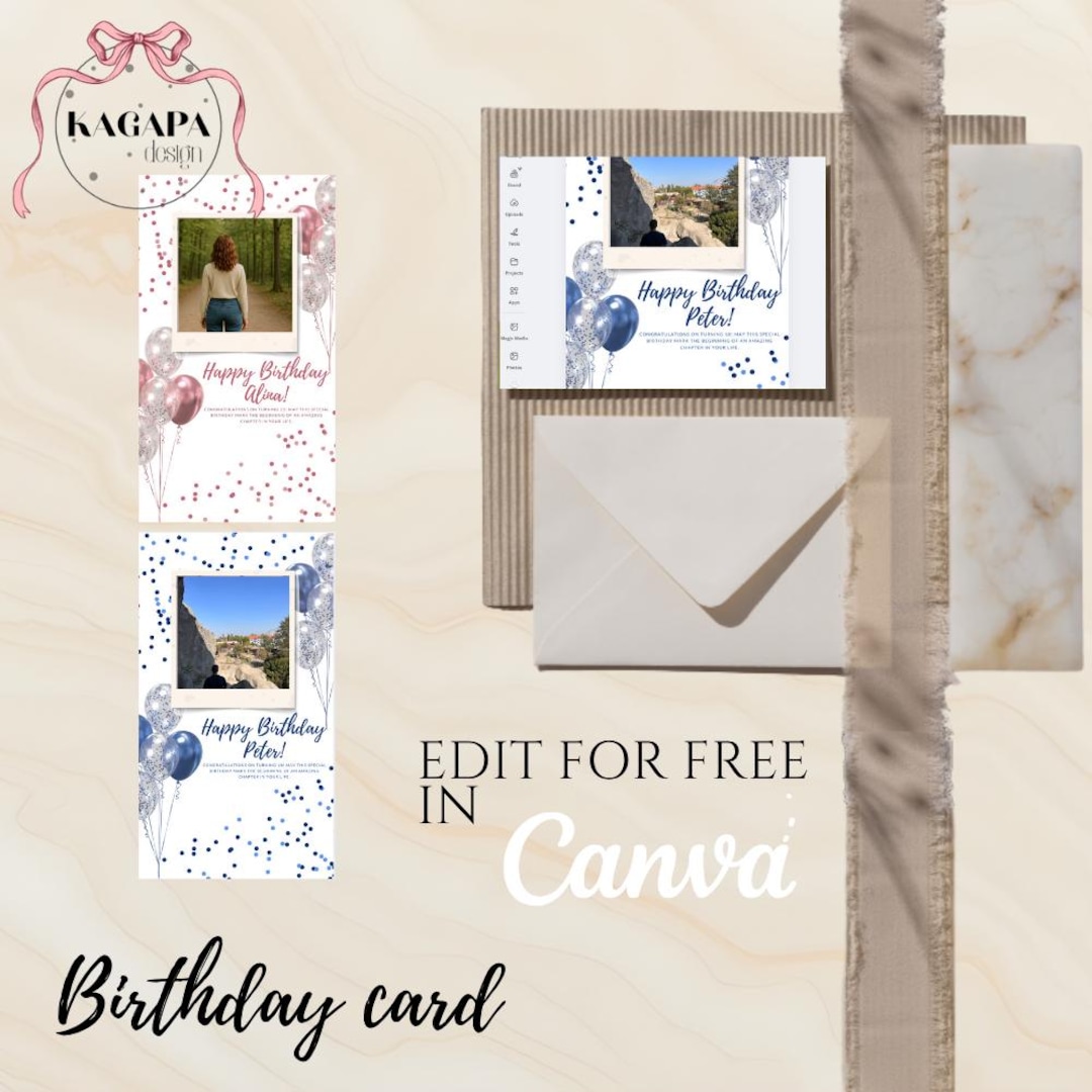 Birthday Card, Editable Canva Template, Canva Design, Pink Card, Blue ...
