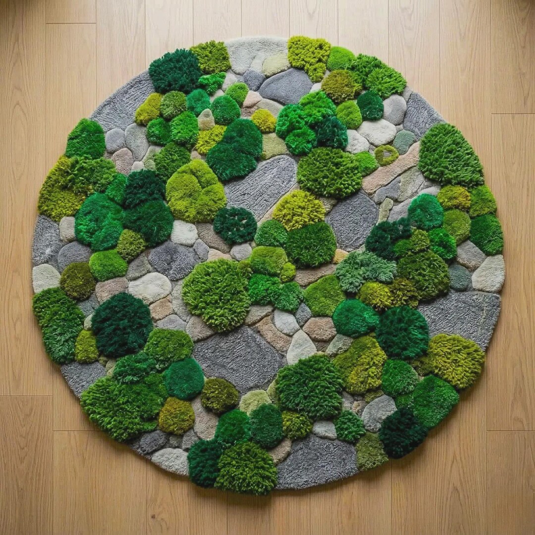 Hand Tufted 3D Moss Rug Round Forest Floor Area Rug Green Moss and ...