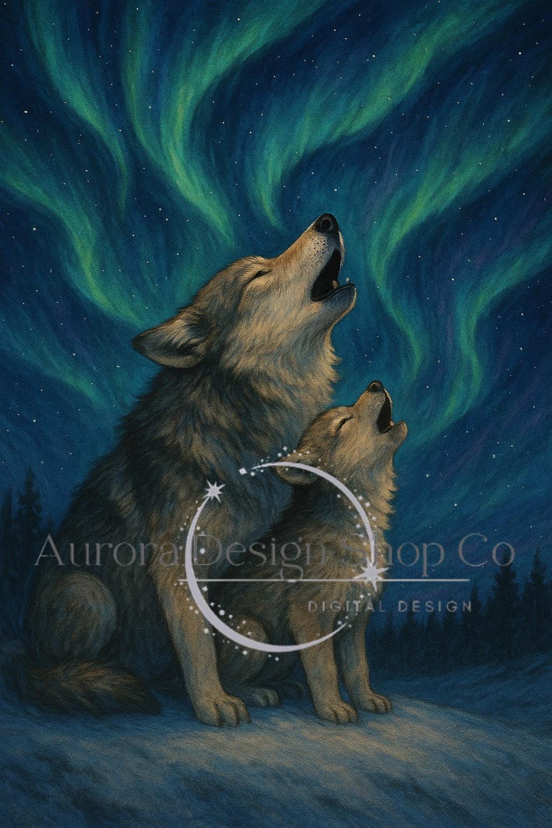 Aurora Borealis Wolf Howling Family | Northern Lights | Digital Print ...