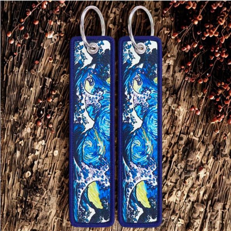 Embroidered Keychain Van Gogh and Japanese Wave – Car Keyring Gift for ...