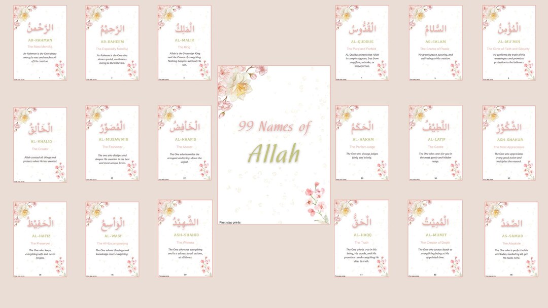 Flashcards of the Names of Allah in English for Learning and ...