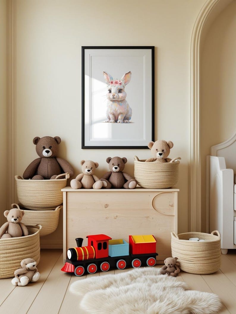 White Bunny Wall Art With Flower Crown | Woodland Nursery Print | Baby ...