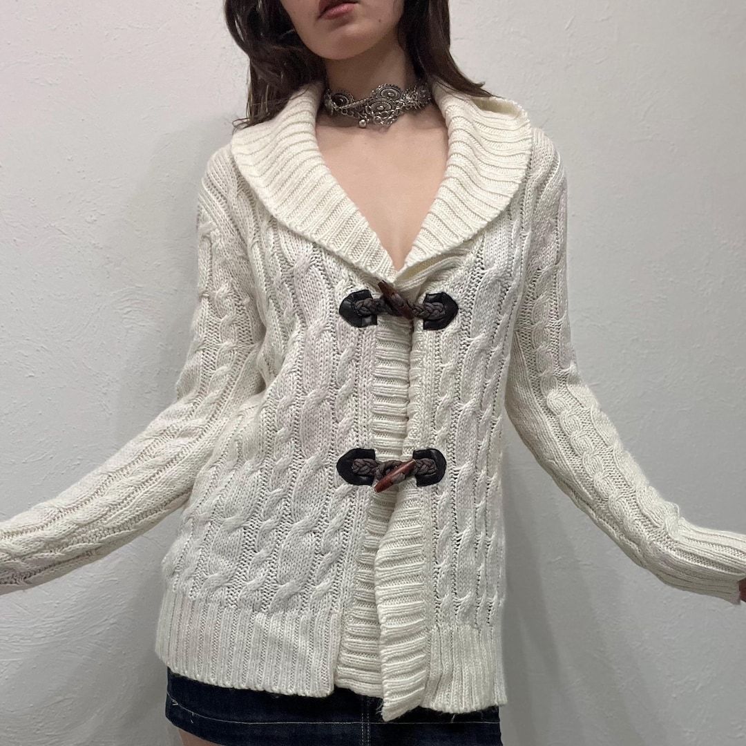 Chunky Cable Knit Toggle Cardigan, Cream Wool Sweater, Cozy Shawl ...