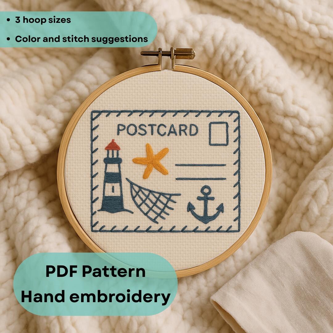 Nautical Postcard Embroidery Design PDF – Lighthouse, Starfish ...