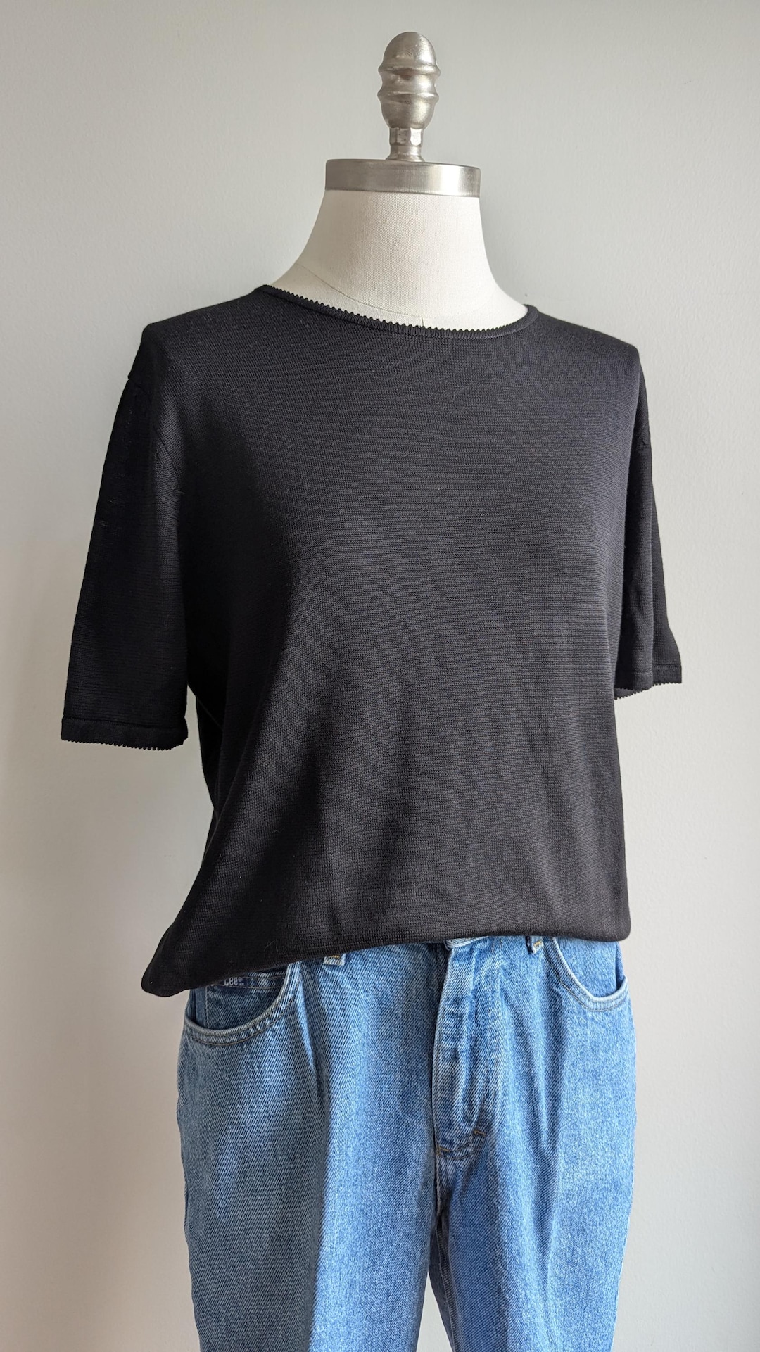 Vintage Rena Rowan Silk Knit Tee – 90s Minimalist Black Short Sleeve ...