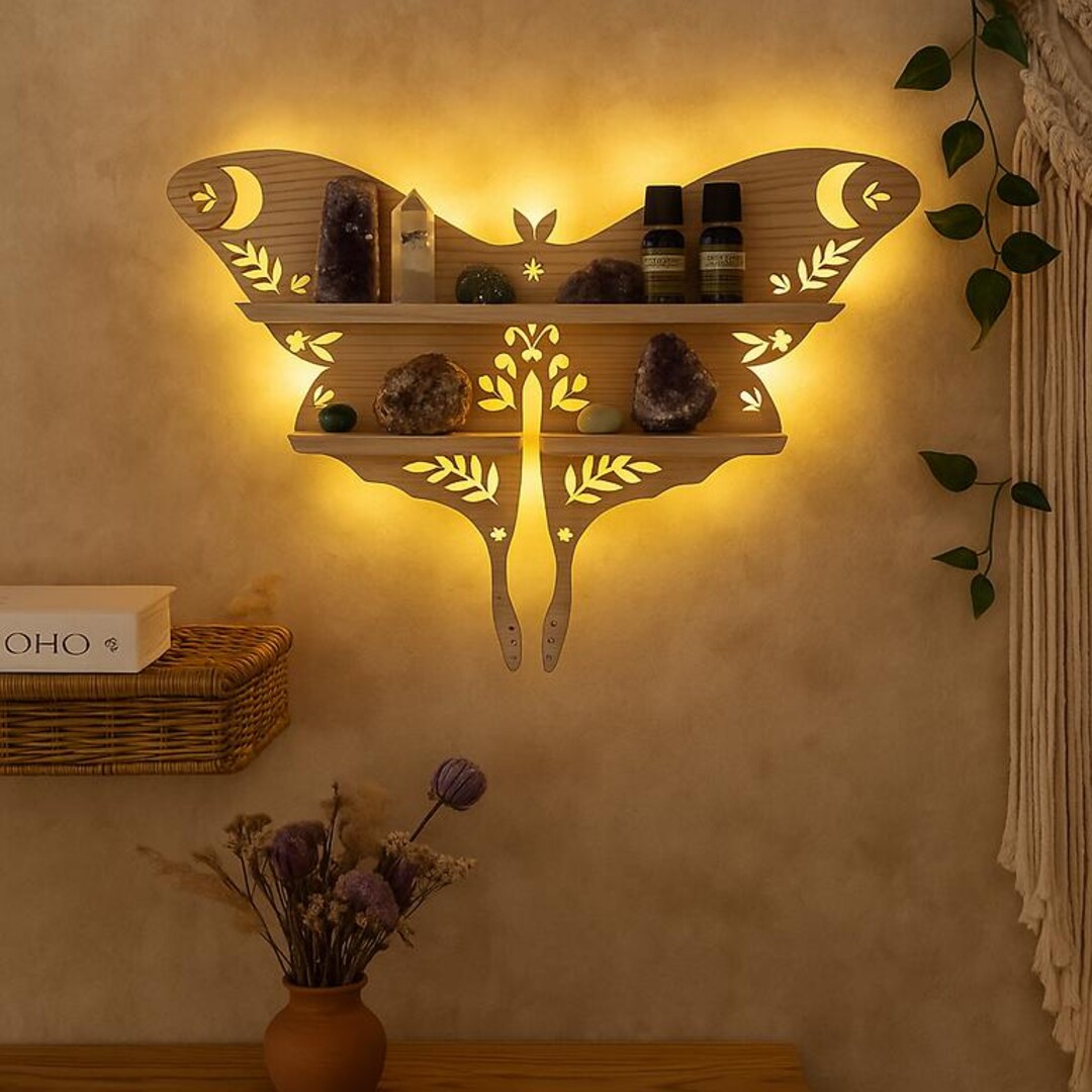 Luna Moth Shelf Lamp – Wooden Crystal Shelf, Boho Witchy Wall Decor ...
