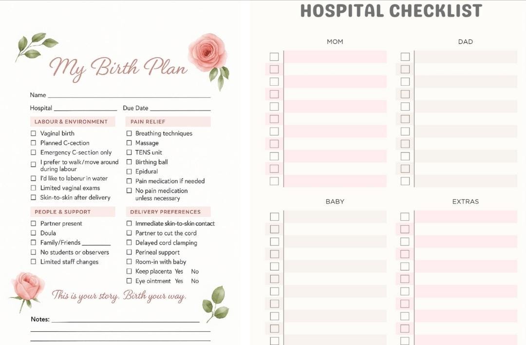 Birth Plan & Hospital Bag Checklist Bundle | Printable Pregnancy Prep ...