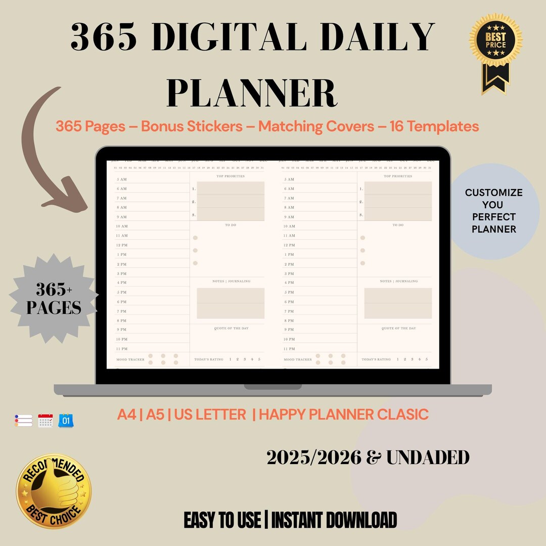 365-day Daily Planner | Printable Hourly Schedule With Mood Tracker ...