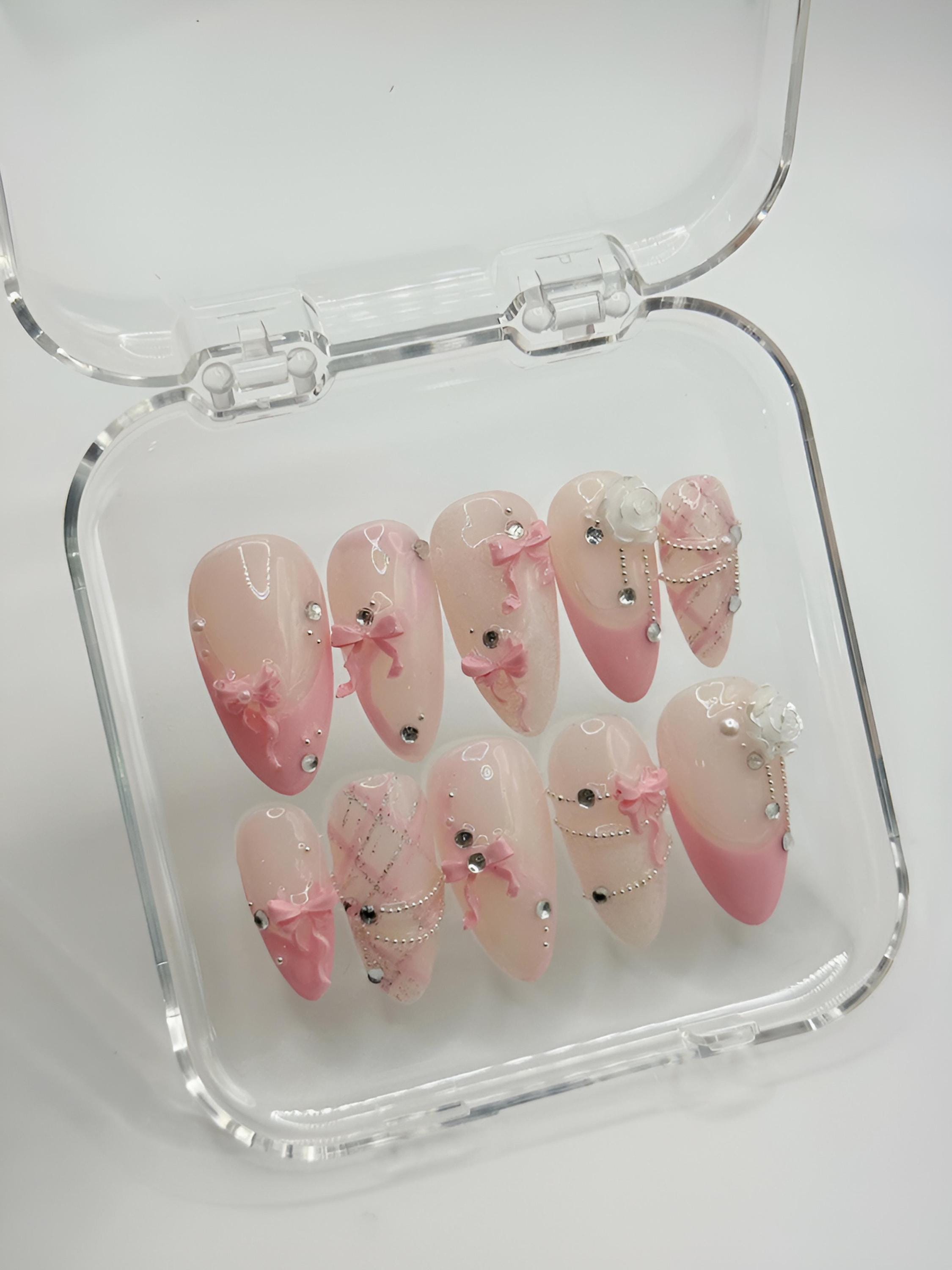 Pink Coquette Press on Nails | 3D Bow, Lace & Rose Art | Handmade ...