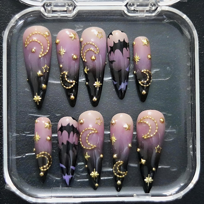 Gothic Witch Press on Nails: 3D Bat, Moon & Star Nail Art - Etsy