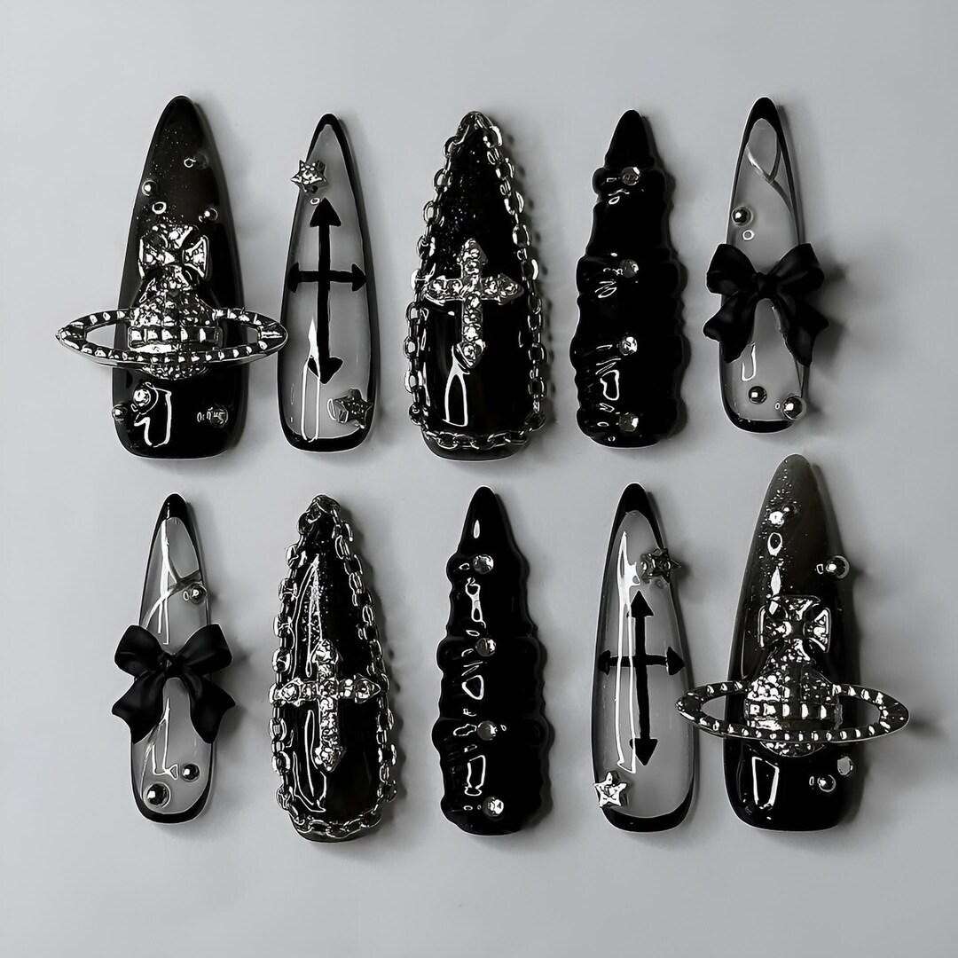 3D Orb Cross Chain Press on Nails | Gothic Punk Handmade Fake Nails - Etsy