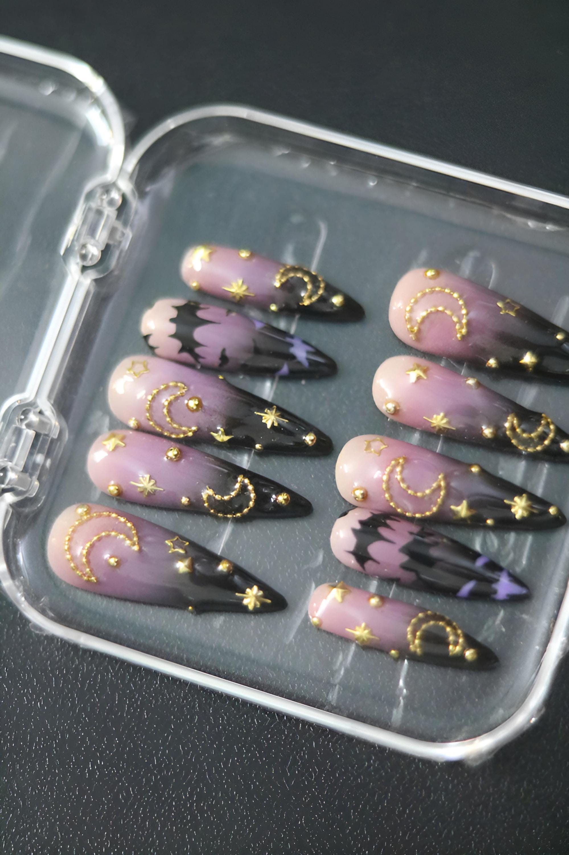 Gothic Witch Press on Nails: 3D Bat, Moon & Star Nail Art - Etsy