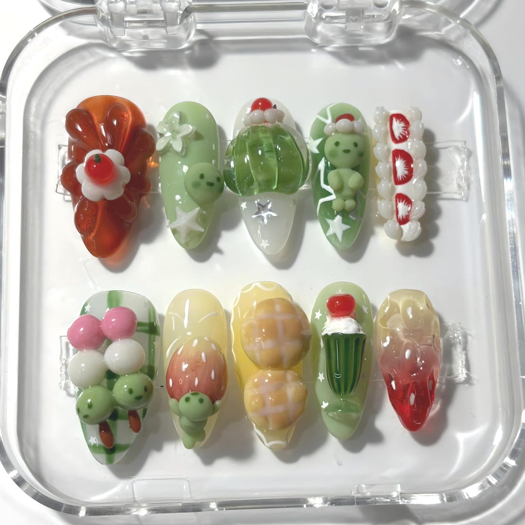 Smiski Sweets Press on Nails | 3D Ice Cream & Dango Cake Picnic Art ...