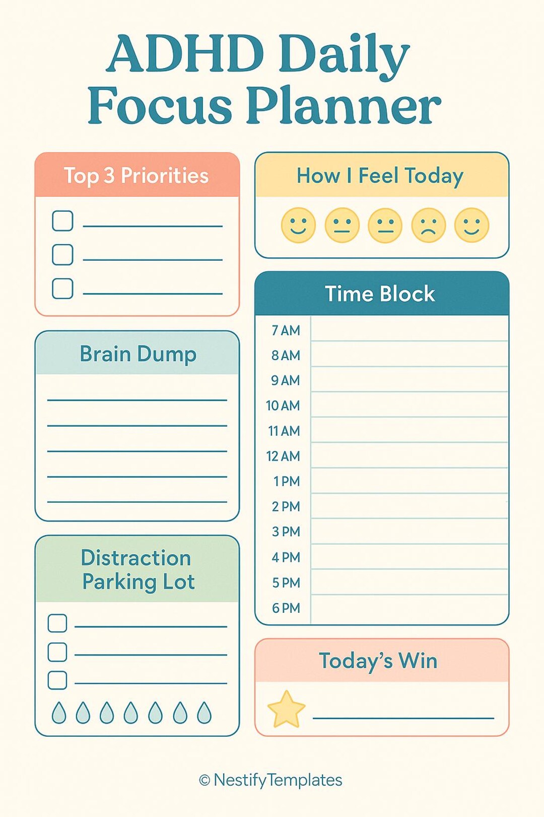 ADHD Daily Focus Planner Printable PDF | Time Blocking, Brain Dump ...