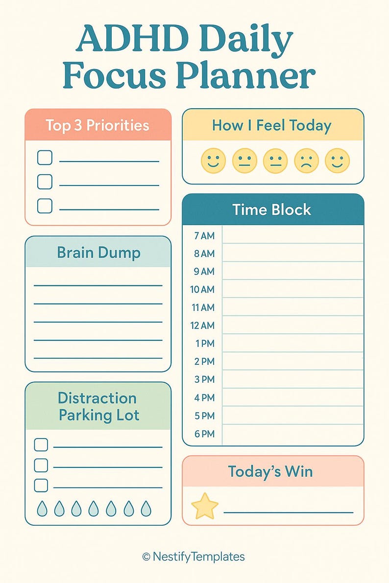 ADHD Daily Focus Planner Printable PDF | Time Blocking, Brain Dump ...