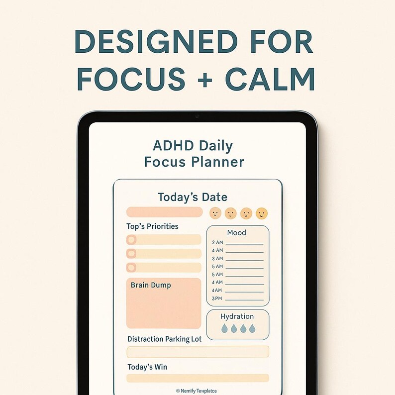 ADHD Daily Focus Planner Printable PDF | Time Blocking, Brain Dump ...