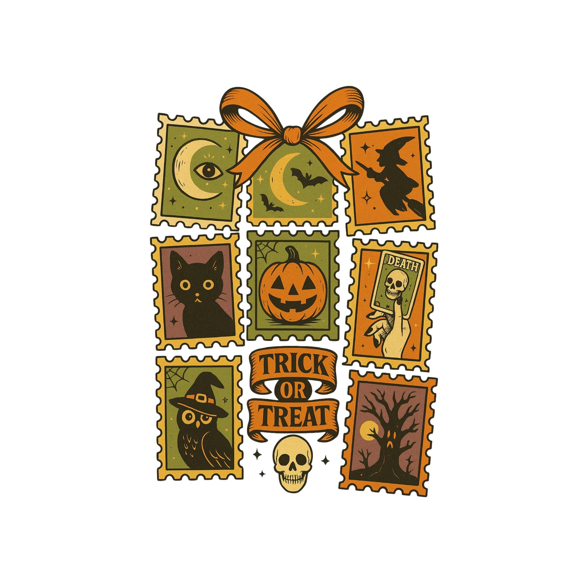 Halloween Stamp PNG: Retro Spooky Clipart - Cat, Ghost, Witch (digital ...