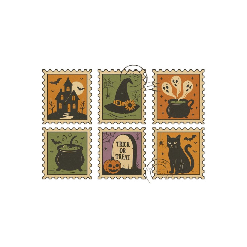 Vintage Halloween PNG Clipart: Retro Cat, Ghost & Witch Stamps (digital ...
