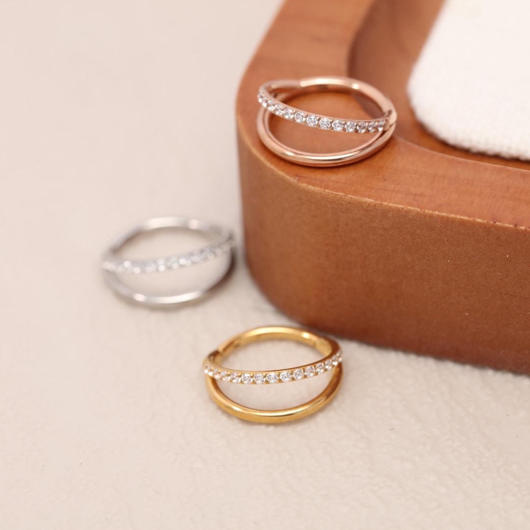 CZ Nose Ring Hoop Ring Double Split Ring Round Paved Earring Hoop ...
