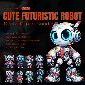 Cute Futuristic Robot Clipart Bundle – 30 PNG | High-resolution Digital Download | Kawaii Tech ...