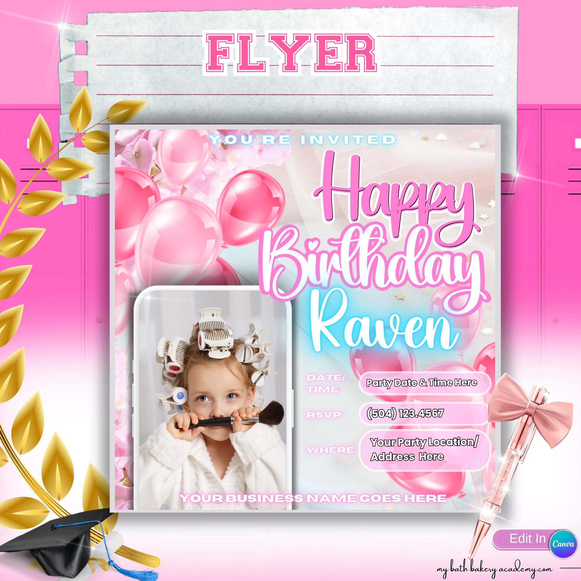 Birthday Party Invitations, Birthday Flyers, Glam Digital Flyers, Spa ...