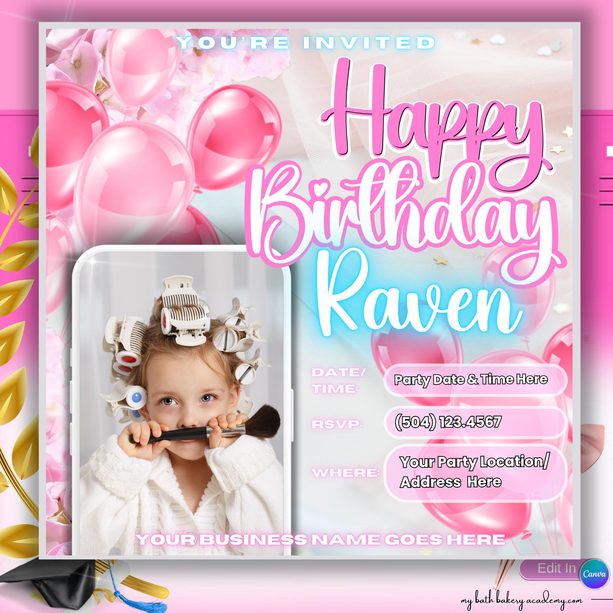 Birthday Party Invitations, Birthday Flyers, Glam Digital Flyers, Spa ...