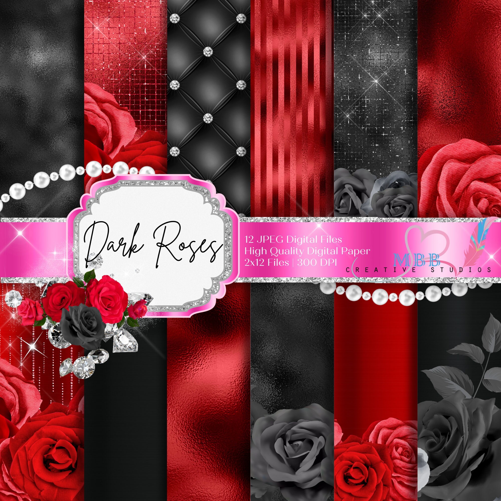 Red Rose Paper, Black Rose Digital Paper, Rose Digital Planner Paper ...