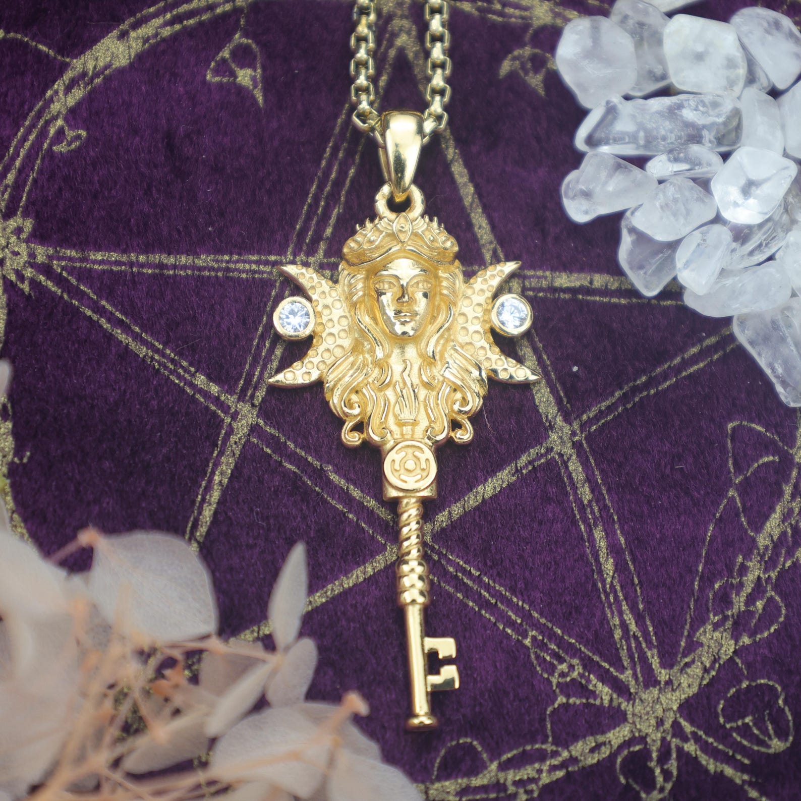 Triple Moon Goddess Key Necklace: Gold Wiccan Pendant With Crystals - Etsy