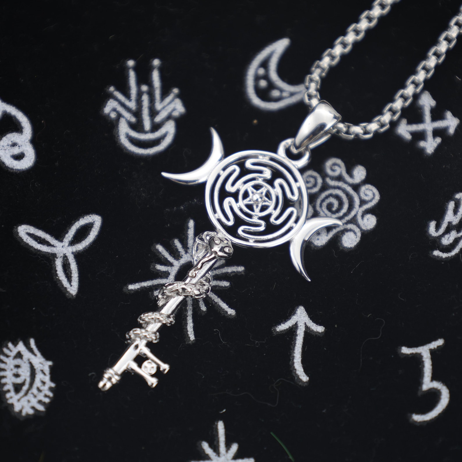 Hecate Key Necklace: 925 Sterling Silver Triple Moon Goddess Pendant ...