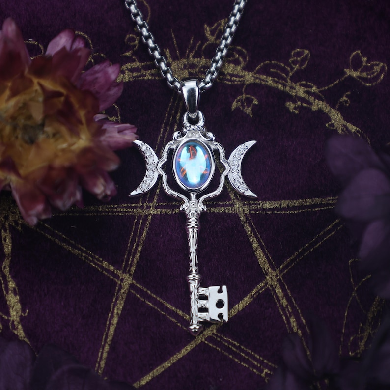 Hecate Key Necklace 925 Sterling Silver, Moon Crystal Witch Pendant ...