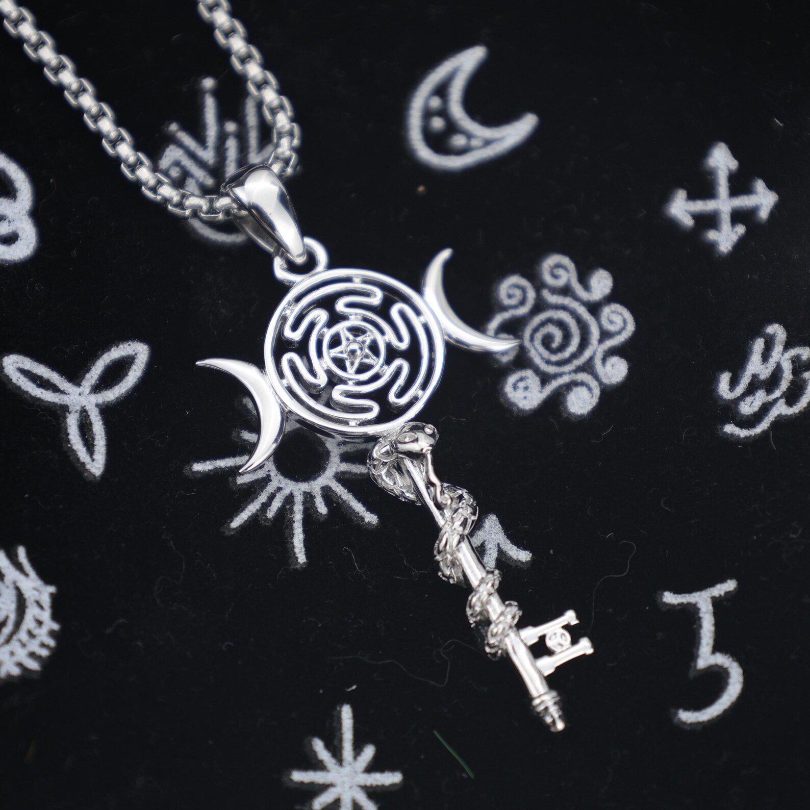 Hecate Key Necklace: 925 Sterling Silver Triple Moon Goddess Pendant ...