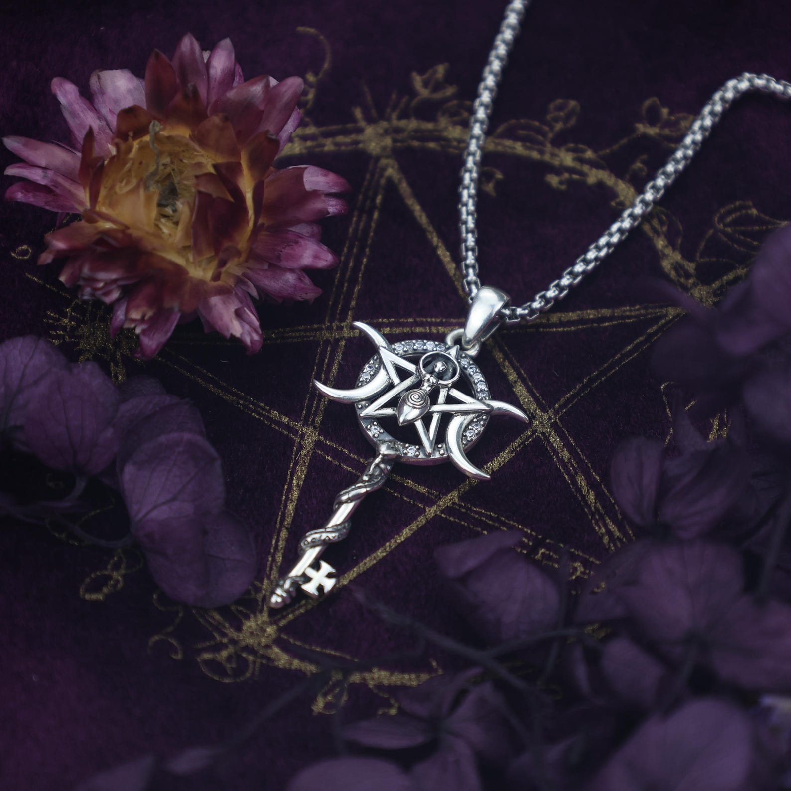 Hecate Key Necklace Sterling Silver, Triple Moon Pentacle Pendant ...