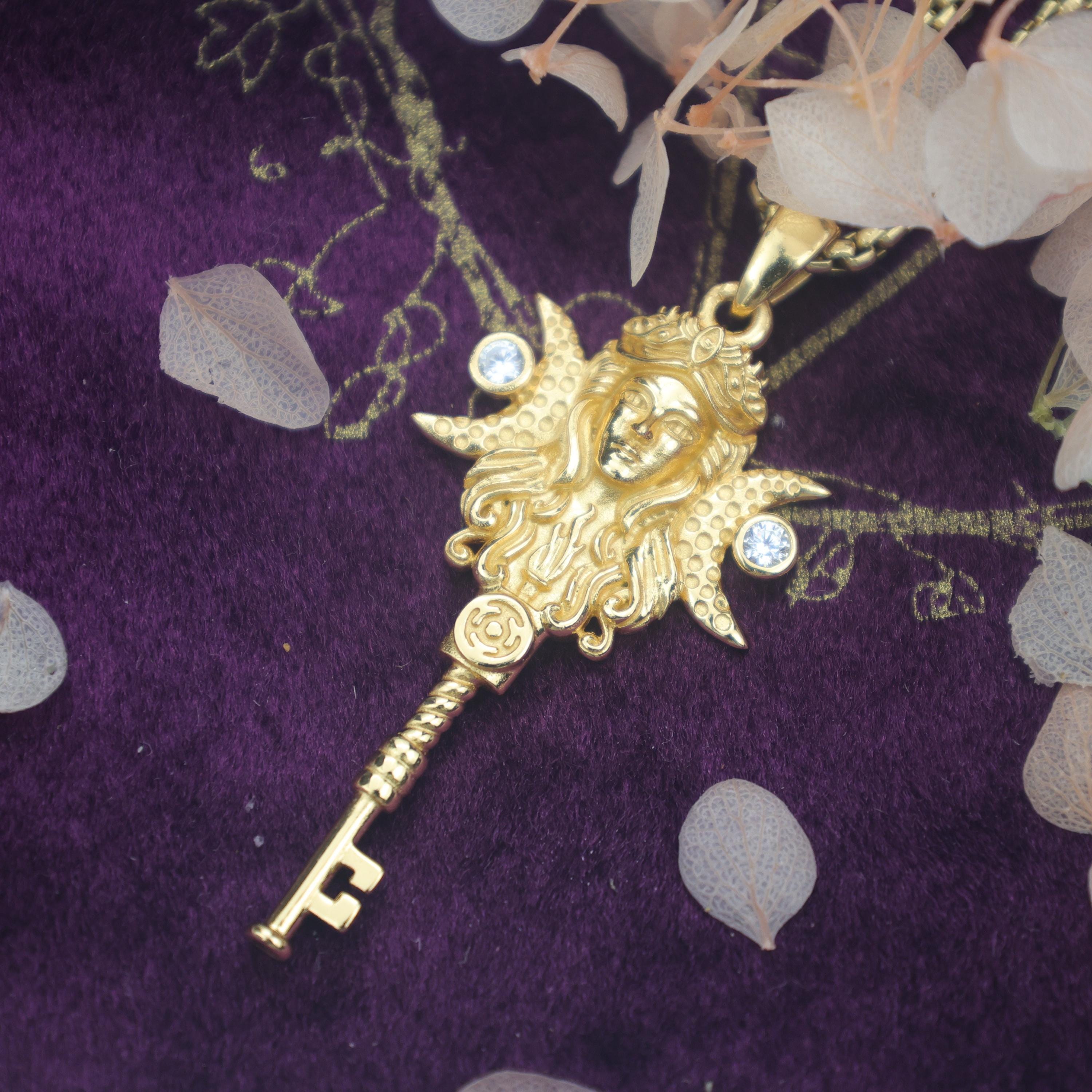 Triple Moon Goddess Key Necklace: Gold Wiccan Pendant With Crystals - Etsy