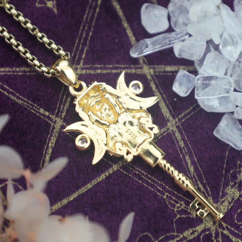 Triple Moon Goddess Key Necklace: Gold Wiccan Pendant With Crystals - Etsy