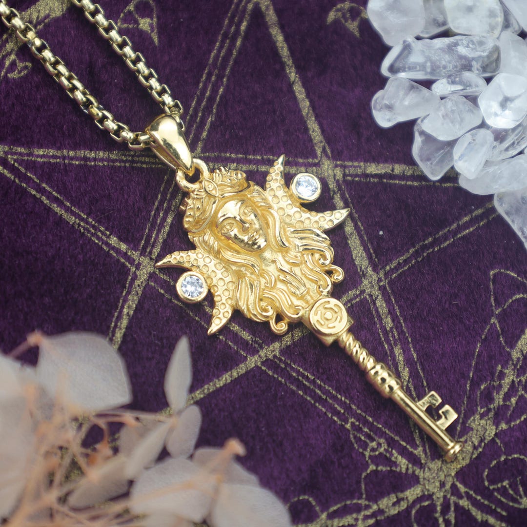 Triple Moon Goddess Key Necklace: Gold Wiccan Pendant With Crystals - Etsy