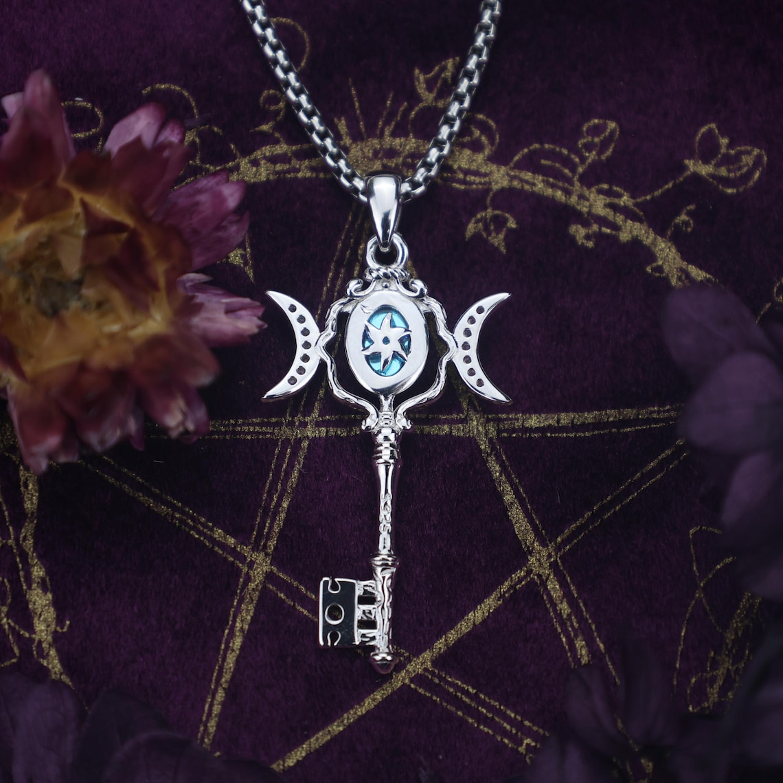Hecate Key Necklace Sterling Silver, Triple Moon Pentacle Pendant ...