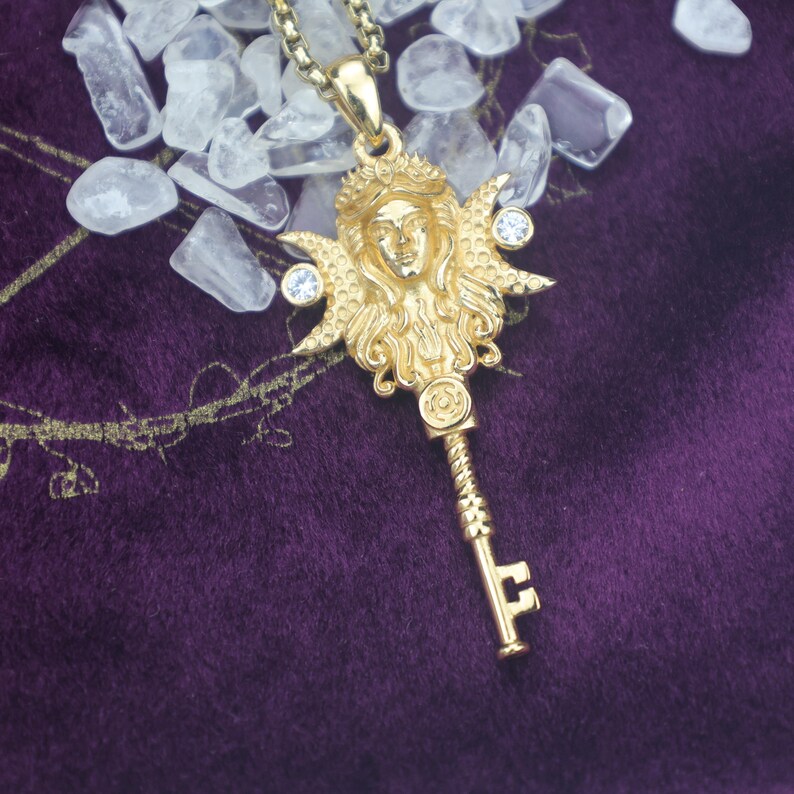 Triple Moon Goddess Key Necklace: Gold Wiccan Pendant With Crystals - Etsy