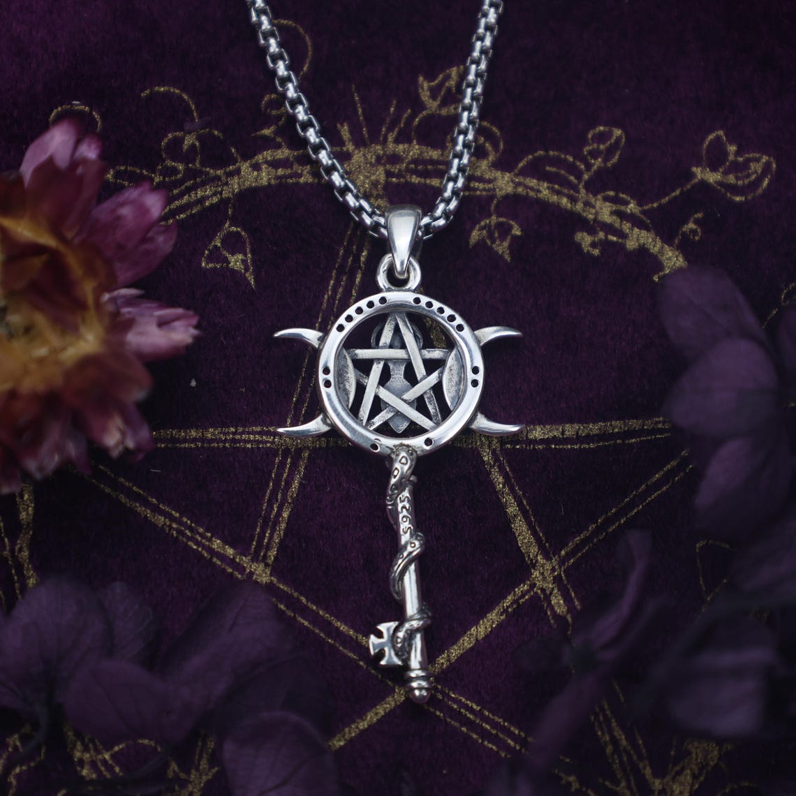 Hecate Key Necklace Sterling Silver, Triple Moon Pentacle Pendant ...